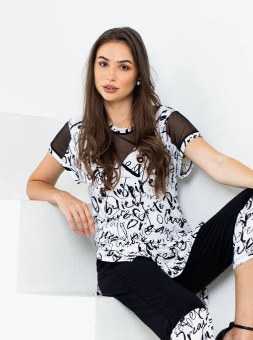 Artex Fashions Women Script Tunic Top with Black Mesh Details – Lala ...